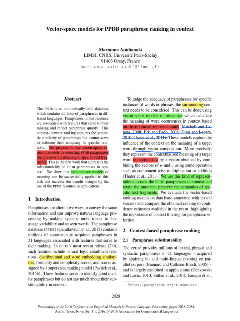 8 2016 Vector-Space Models For PPDB Paraphrase Ranking in Context | PDF | Word | Syntax