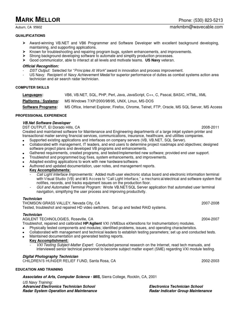 Senior Software Developer VB.NET in Sacramento CA Resume Mark Mellor ...