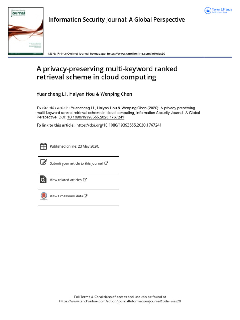 A Privacy-Preserving Multi-Keyword Ranked Retrieval Scheme in Cloud Computing | PDF | Encryption ...