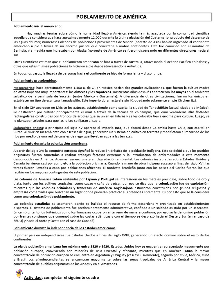 Poblamiento de América - Ficha de Lectura y Actividad | PDF | Américas ...