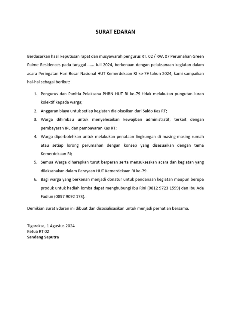 Surat Edaran Hut Ri RT 02 | PDF