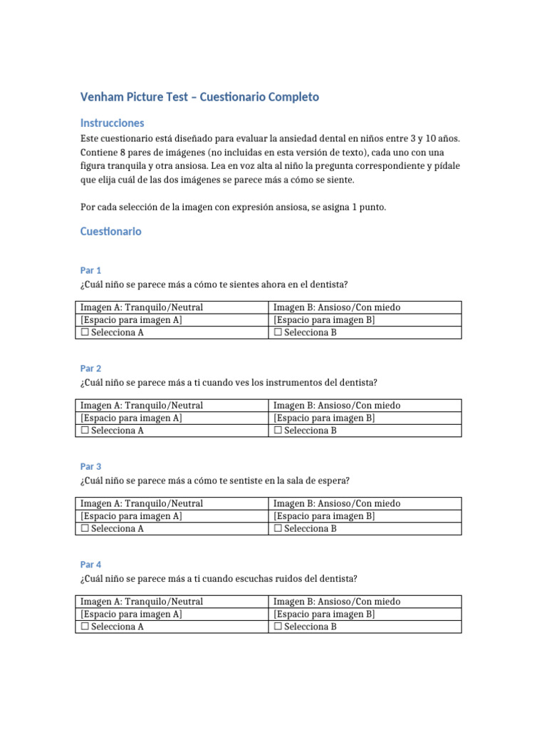 Venham Picture Test Cuestionario Completo | PDF | Ansiedad | Sicología