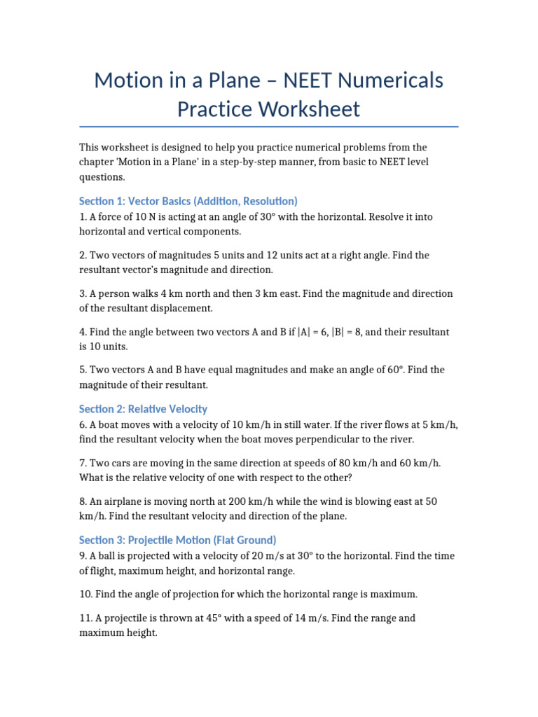 Motion in A Plane NEET Numericals Worksheet | PDF