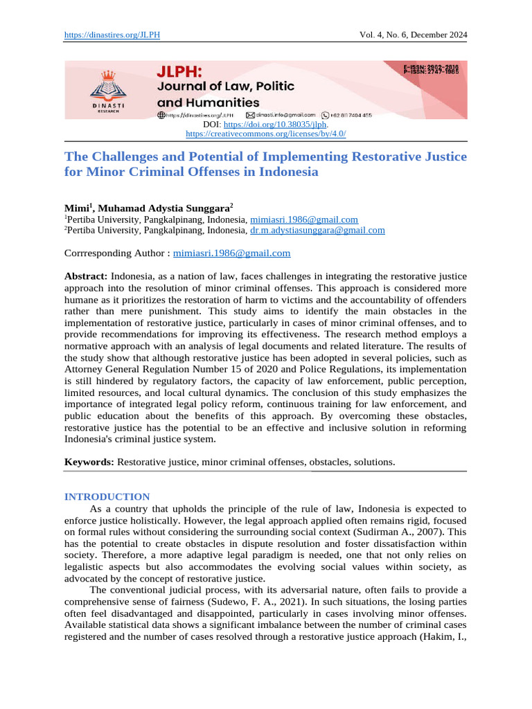 Mimi Asri (Fix-2) - The Challenges and Potential of Implementing Restorative Justice For Minor ...