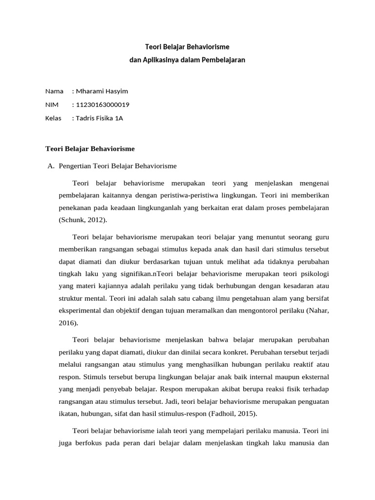 Teori Belajar Behaviorisme dan Aplikasinya | PDF