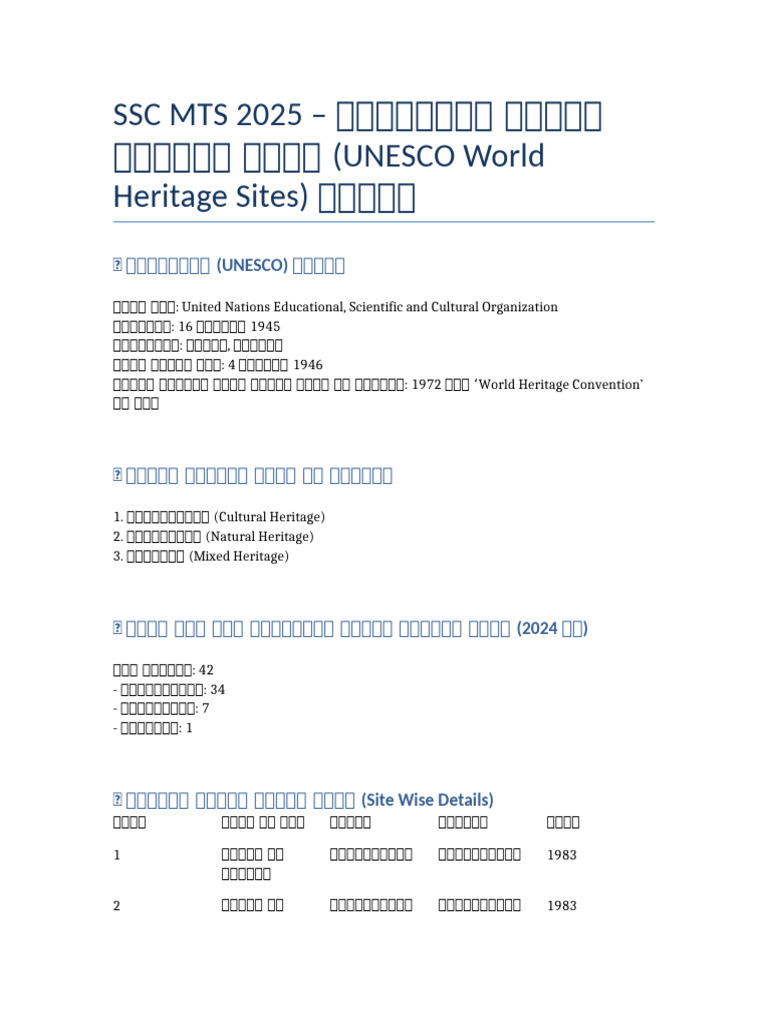 SSC MTS 2025 UNESCO World Heritage Sites Notes | PDF