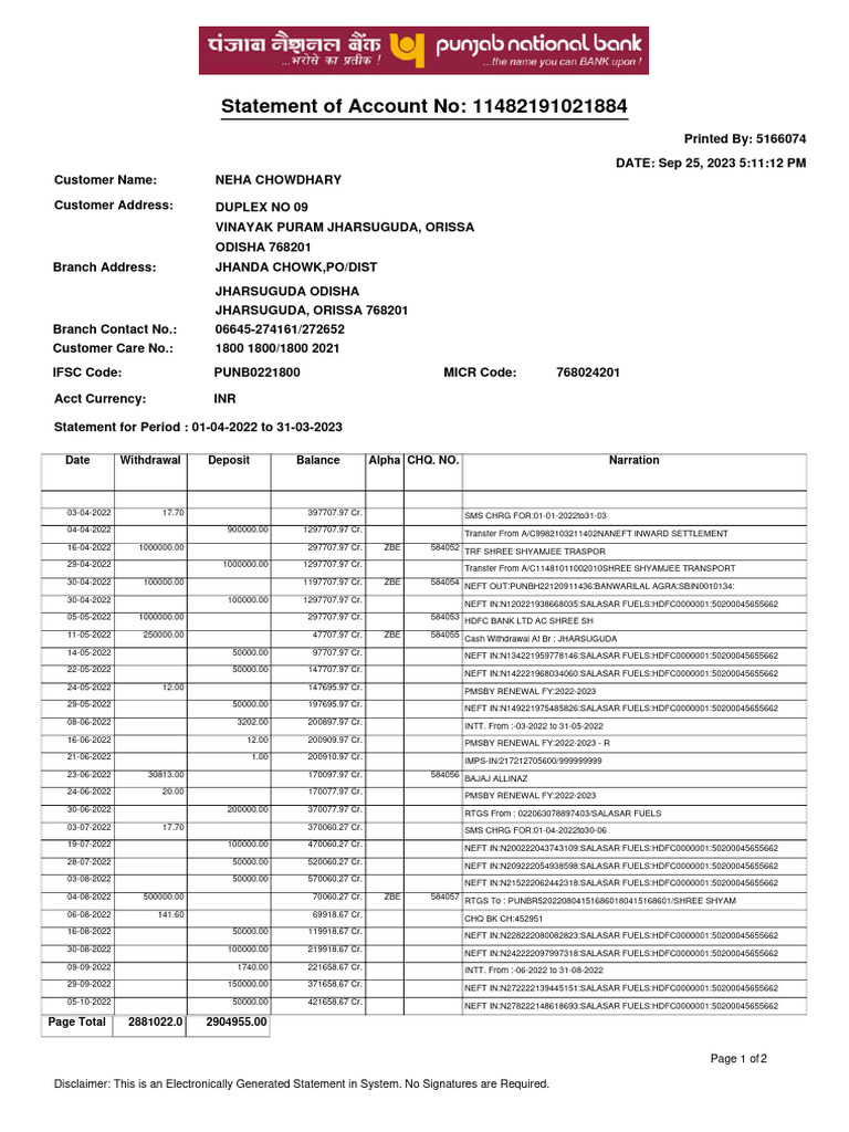 PNB Account Statement Summary 2022-2023 | PDF | Banking | Financial ...