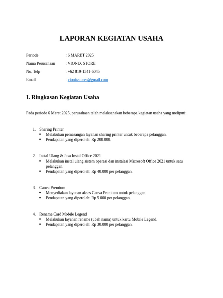 Laporan Kegiatan Usaha Vionix Store | PDF