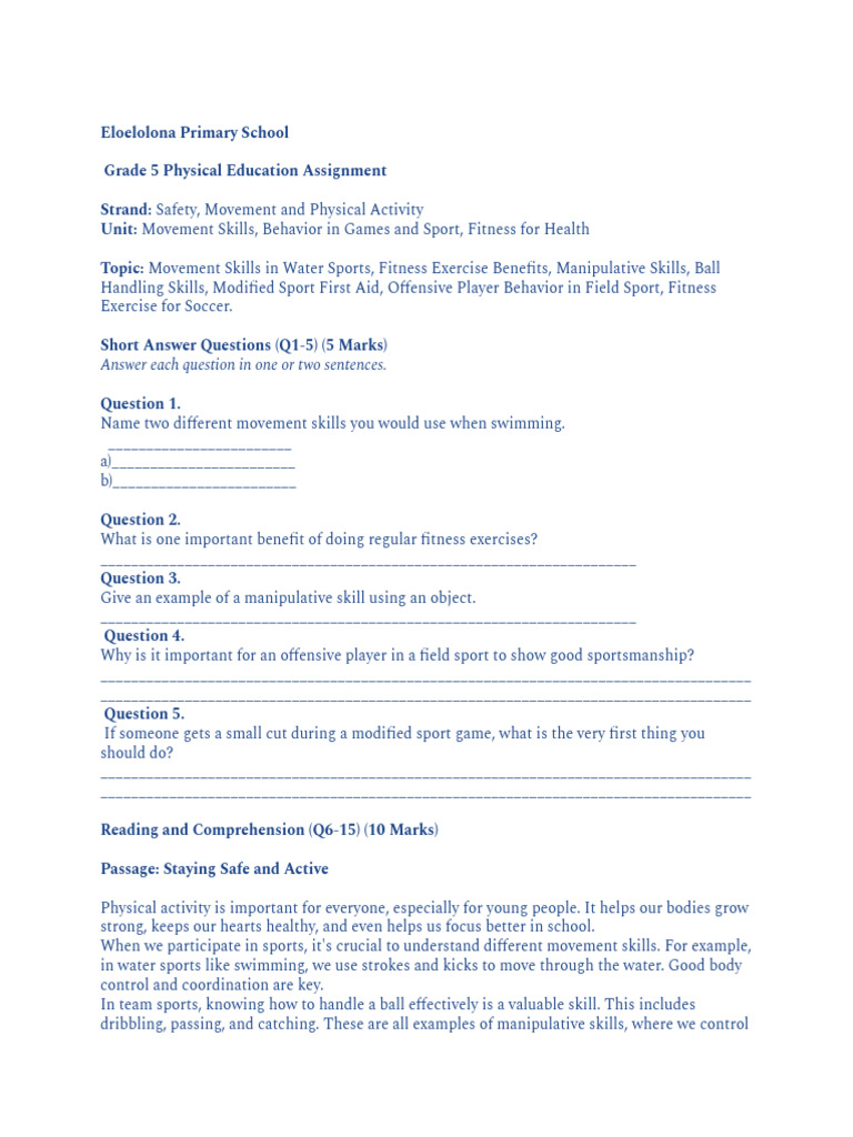 Grade 5 Physical Education Assignment | PDF | Physical Fitness | Sports
