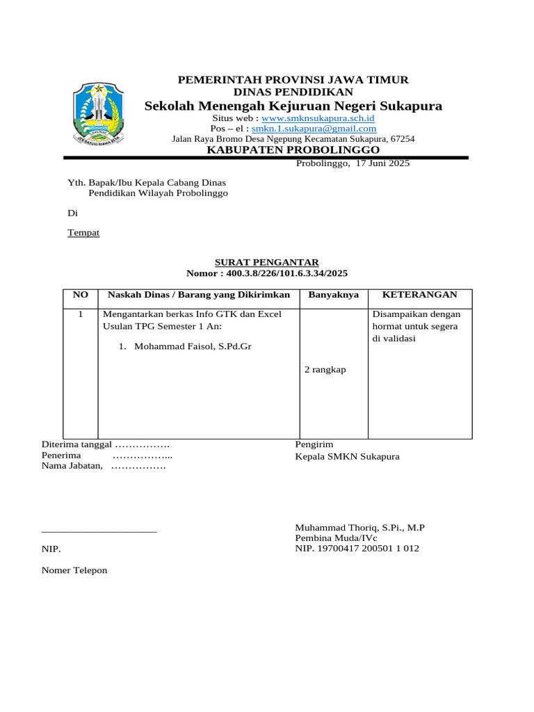 Surat Pengantar Berkas TPG SMKN Sukapura | PDF