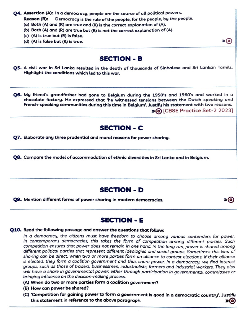 Power Sharing Class 10 Test | PDF