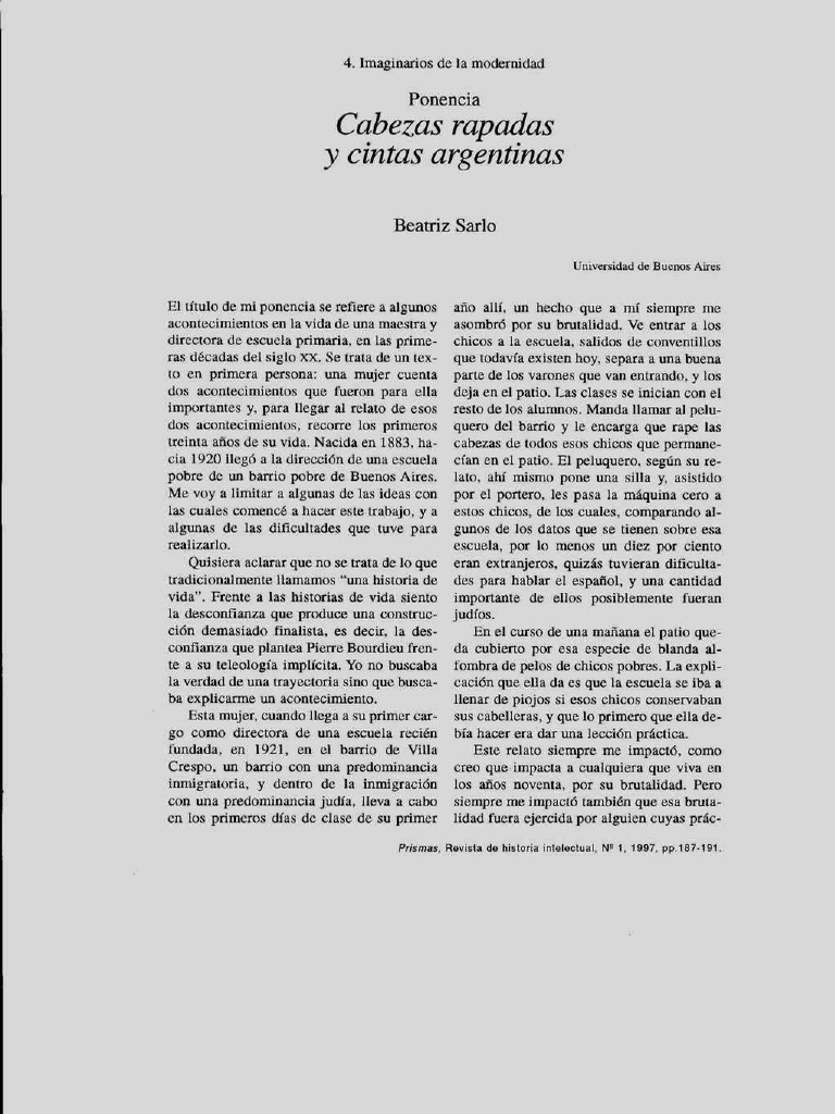 Cabezas Rapadas y Cintas Argentinas Sarlo | PDF