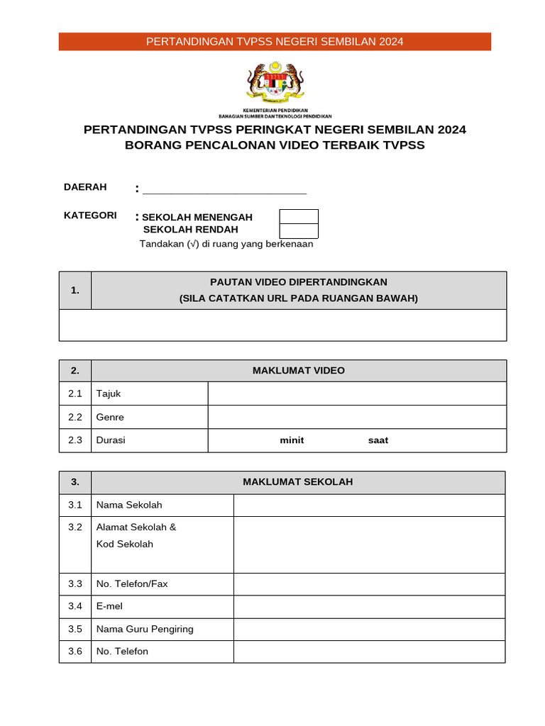 Video Tvpss Ns Borang Penyertaan Video Tvpss 2024 | PDF