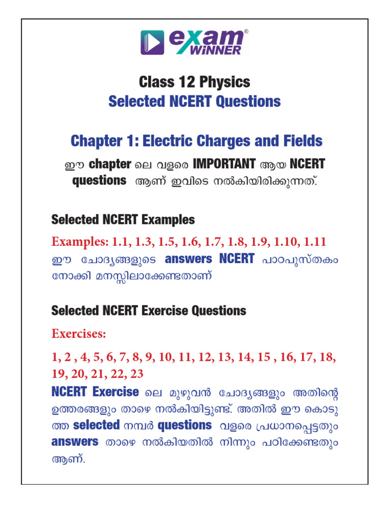 Electric Charges and Fields Selected NCERT Questions Selected NCERT ...