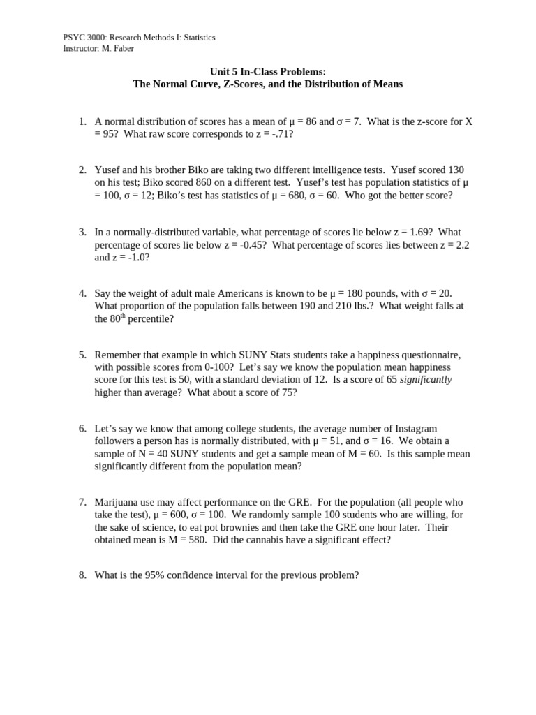 Unit 5 In-Class Problems (Raw Data) - Normal Curve, Z-Scores ...