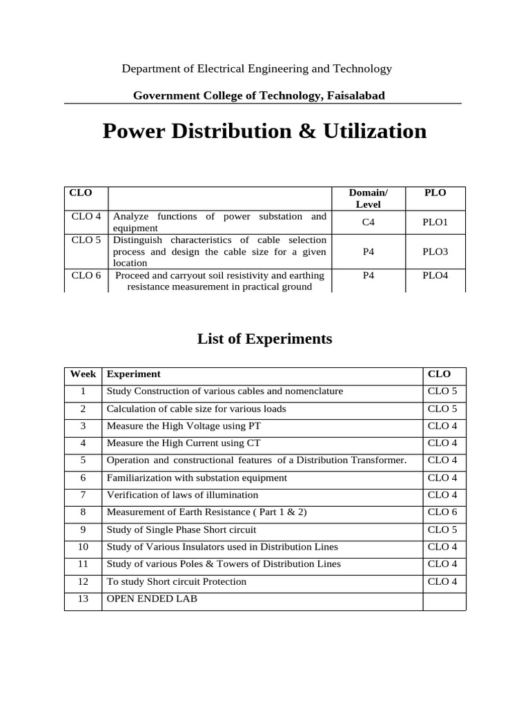 Power Distribution Lab Experiments Guide | PDF