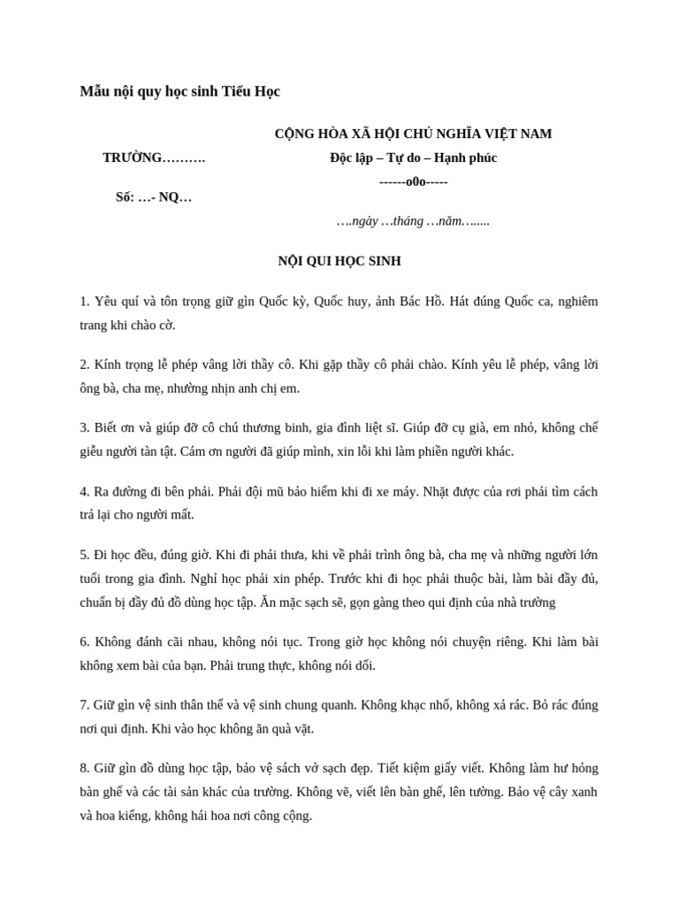 Noi Quy Tieu Hoc | PDF