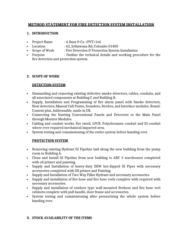 Method Statement For Fire Detection & Protection System - BAURS-GP | PDF | Safety | Equipment