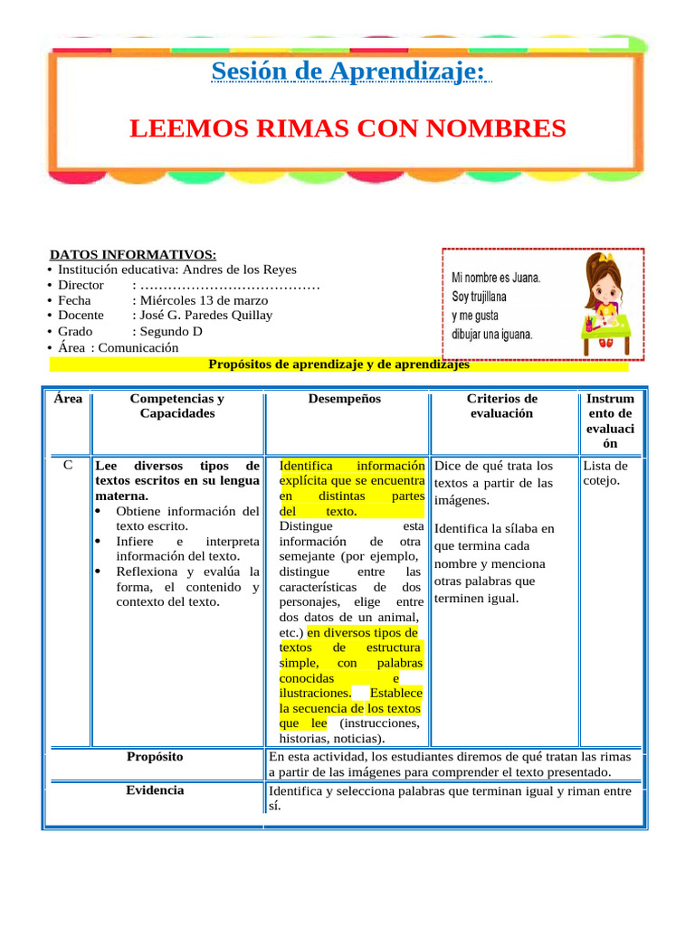 2 Sesion Dia 3 Com Leemos Rimas Con Nombres | PDF | Aprendizaje