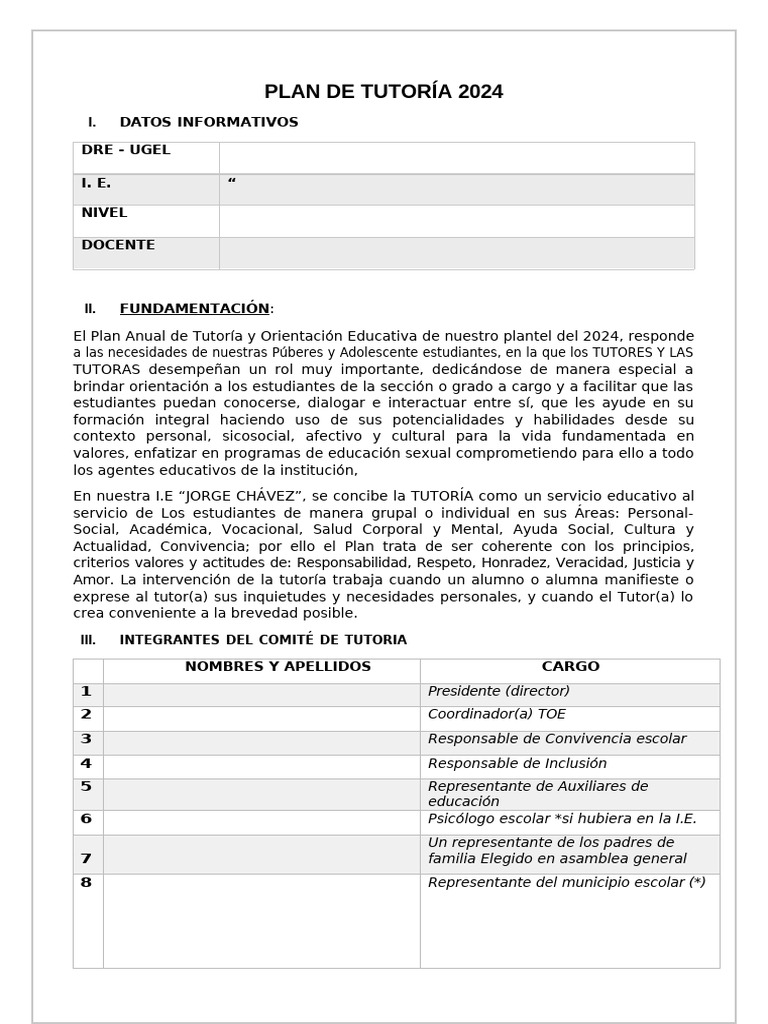 Plan de Tutoria 2024 Ie JCH Word | PDF | Aprendizaje | Escuelas