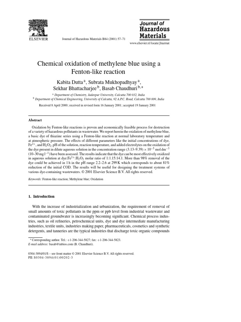 Chemical Oxidation of Methylene Blue Using A Fenton Like Reaction ...