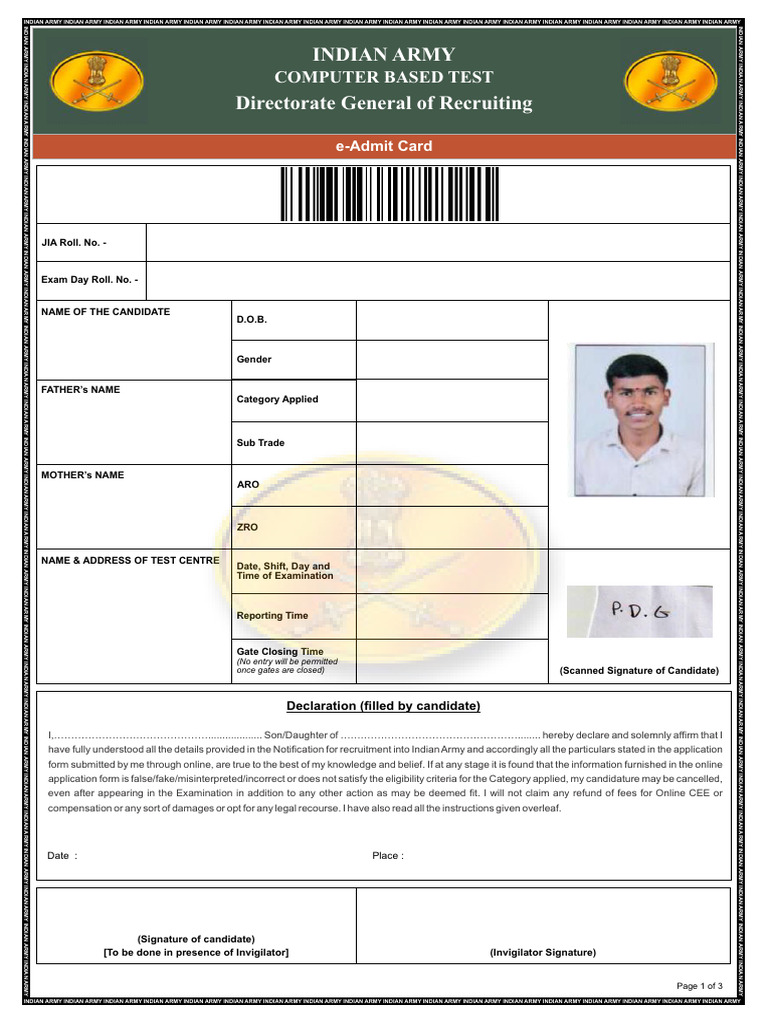Indian Army E-Admit Card Instructions | PDF | Identity Document