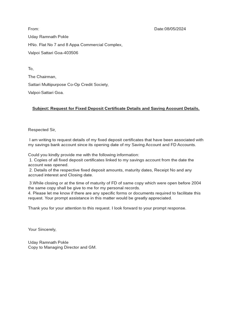 Letter To Bank Regarding FD Receipt | PDF