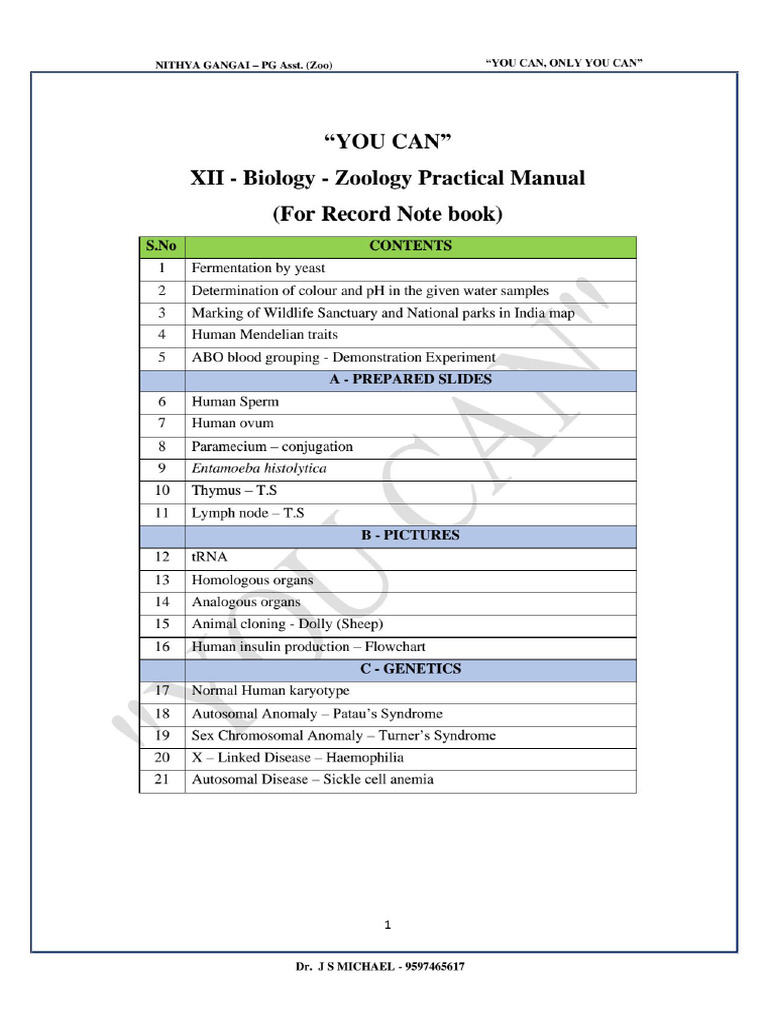 XII Bio-Zoo EM Practical | PDF
