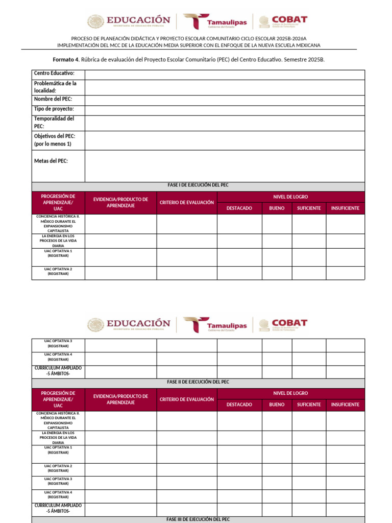 Formato 4 Rúbrica de Evaluación Del PEC Del Centro Educativo 5to | PDF ...