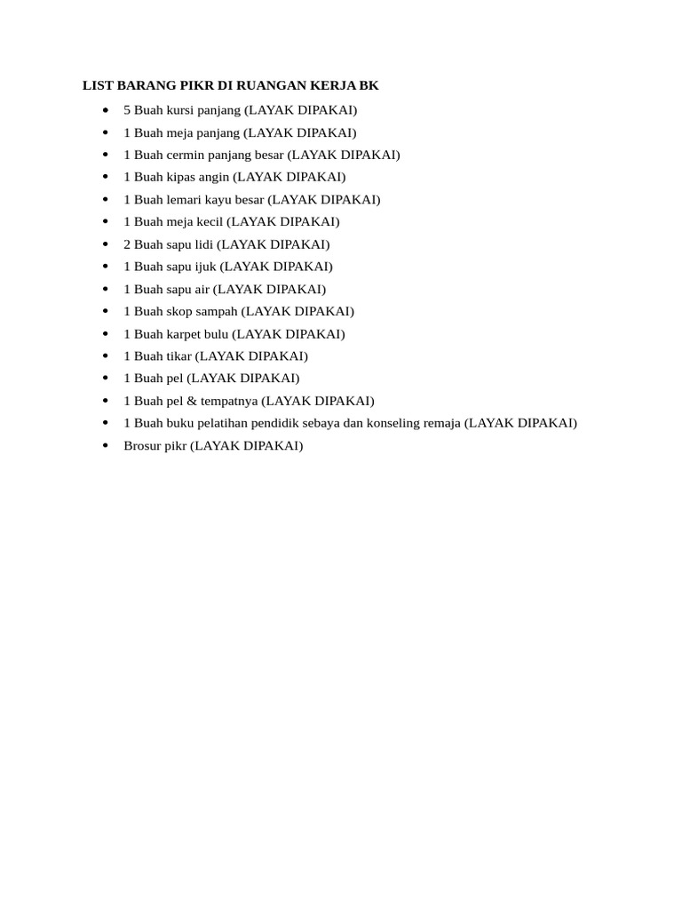List Barang Pikr Di Ruangan Kerja BK | PDF