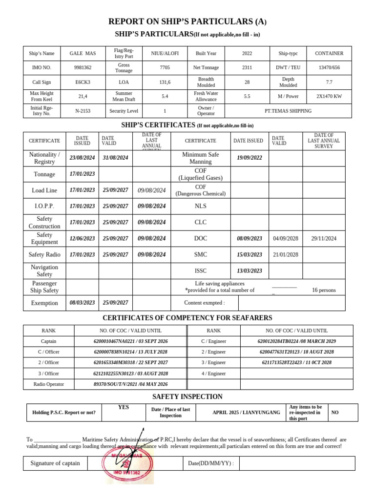 Report on Gale Mas Ship Details | PDF | Tonnage | Freight Transport