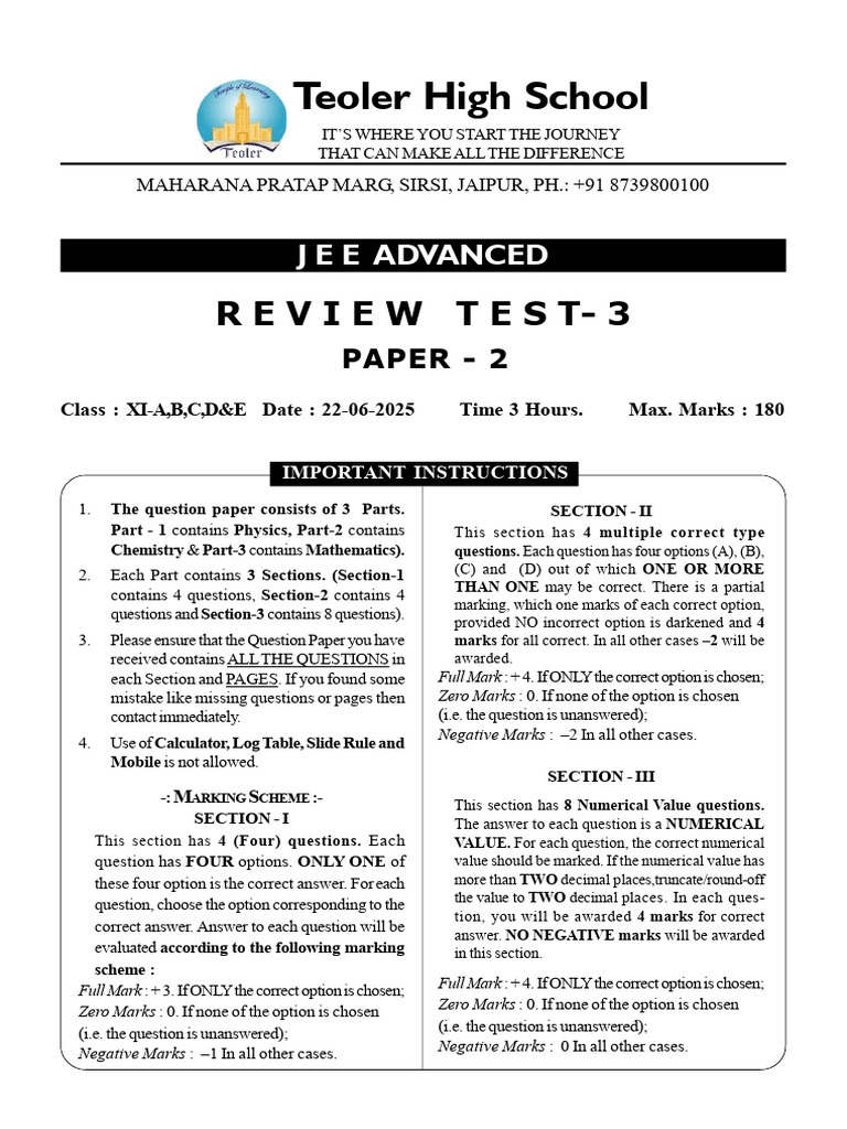 JEE Advanced Review Test 3 Guide | PDF | Light | Acceleration