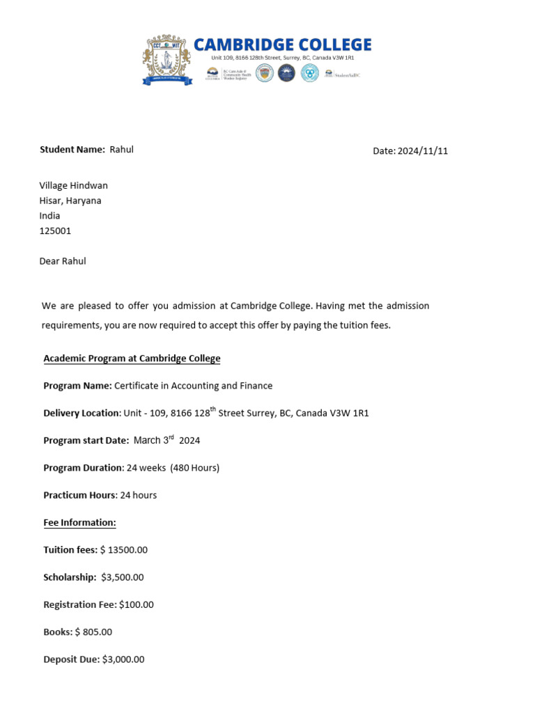 Cambridge College Admission Offer | PDF