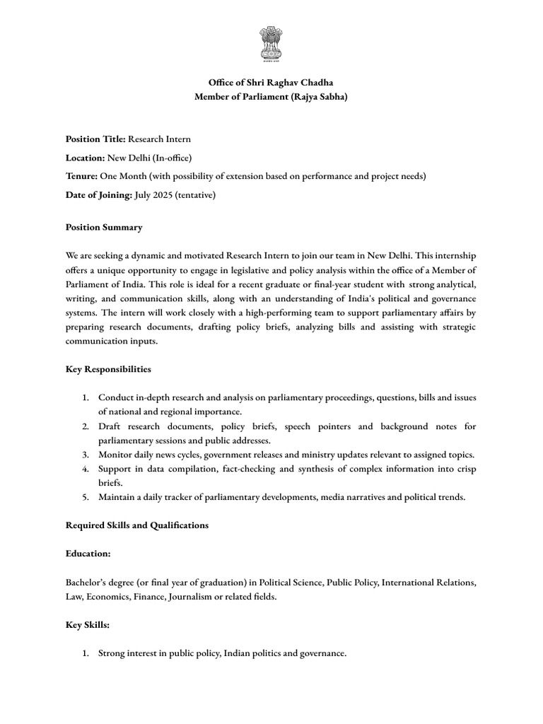 Research Internship - Shri Raghav Chadha | PDF