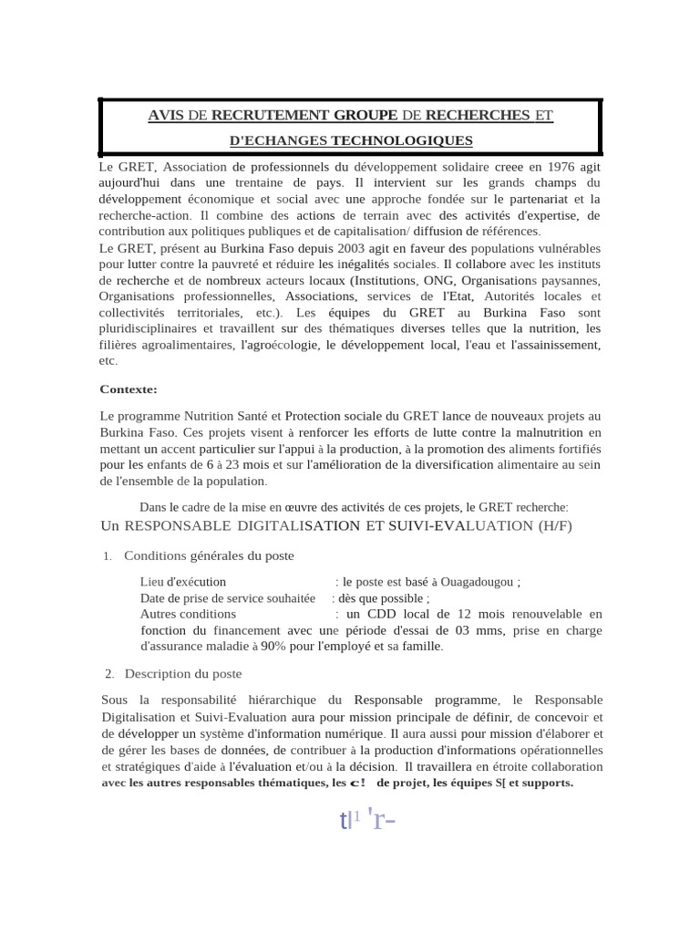 Recrutement Responsable Digitalisation GRET | PDF | Recrutement | Bases ...