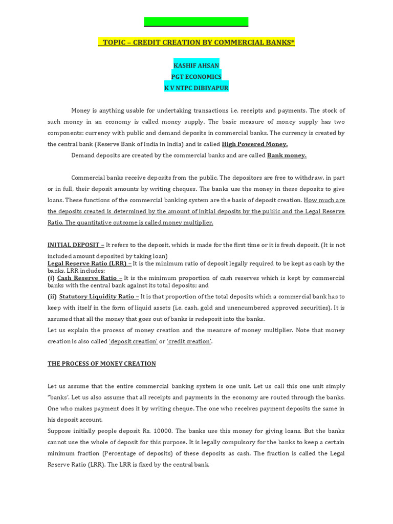 Credit Creation by Commercial Banks | PDF | Banks | Deposit Account
