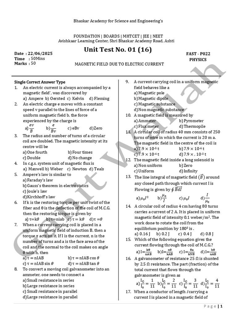 Physics Test on Magnetic Fields | PDF | Magnetic Field | Electromagnetism