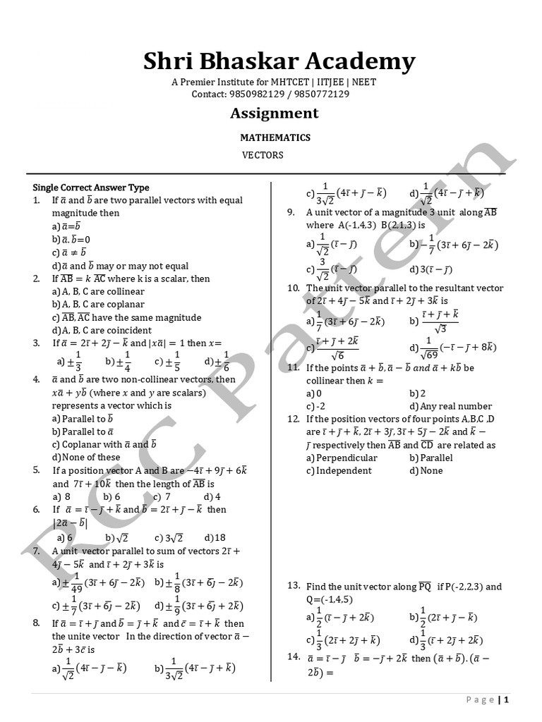 Assignement12th VECTORS | PDF | Euclidean Vector | Classical Geometry