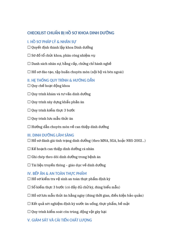 Checklist Khoa Dinh Duong | PDF