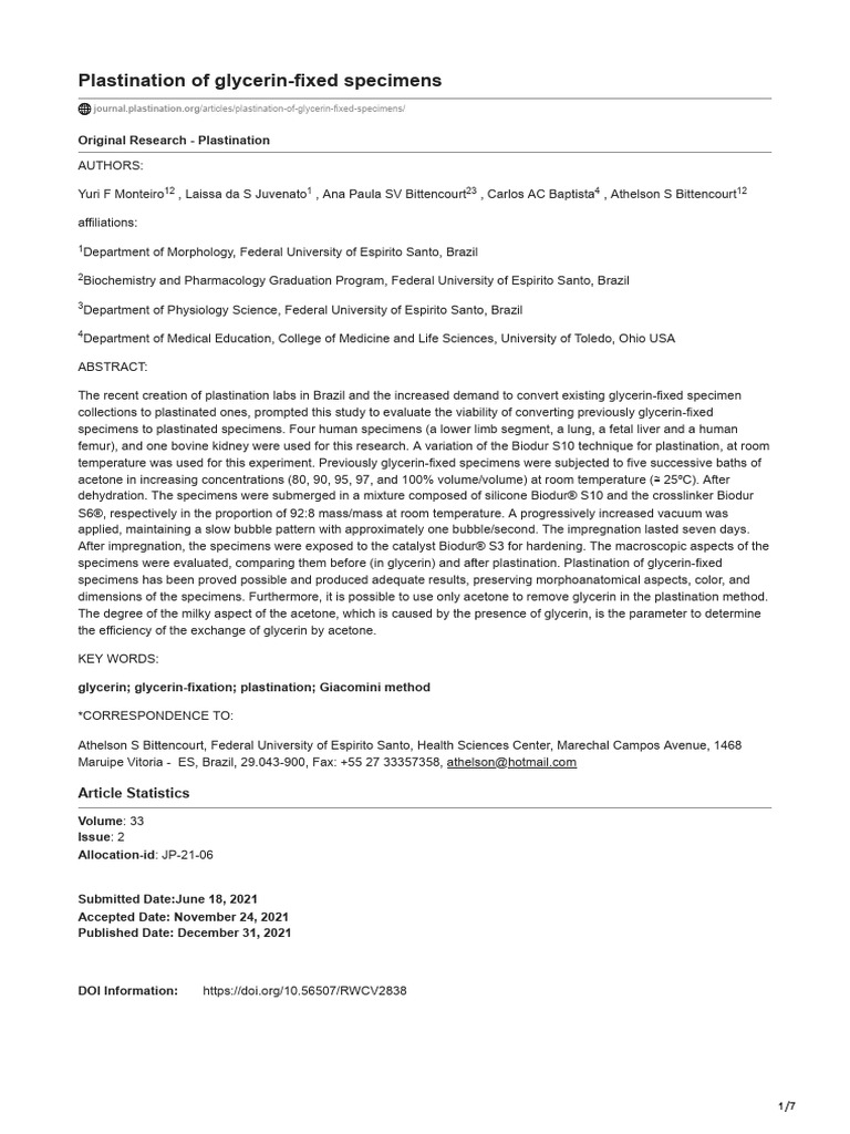 Plastination of Glycerin-Fixed Specimens | PDF | Biology