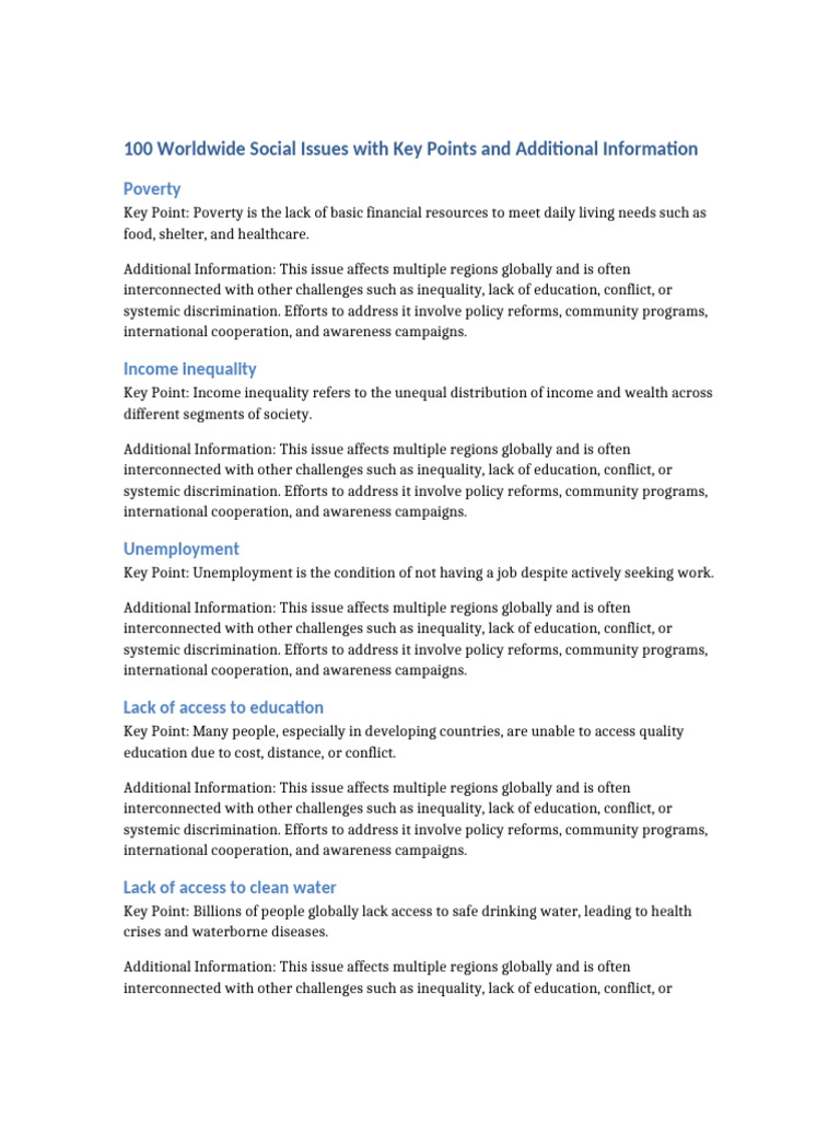 100 World Social Issues Detailed | PDF | Gender Inequality | Gender Studies