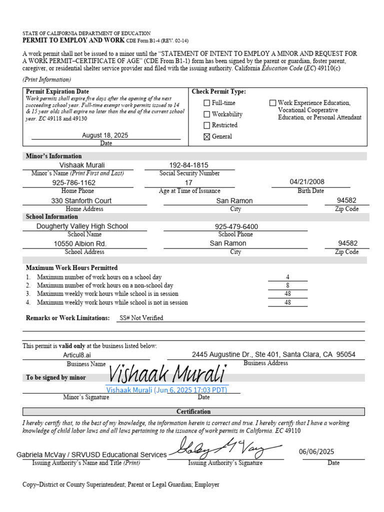 Summer Work Permit For SRVUSD Students - VM - Signed | PDF | Employment ...