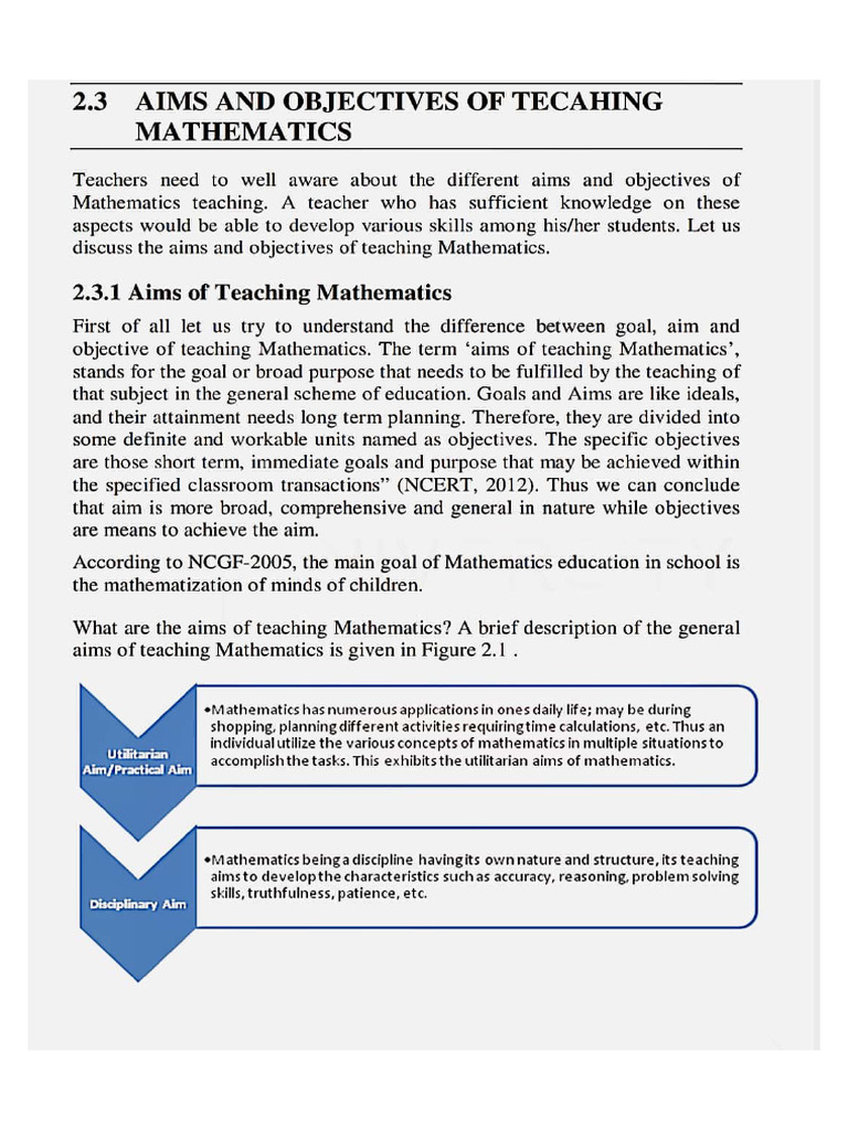 Aims and Objectives of Teaching Mathematics | PDF