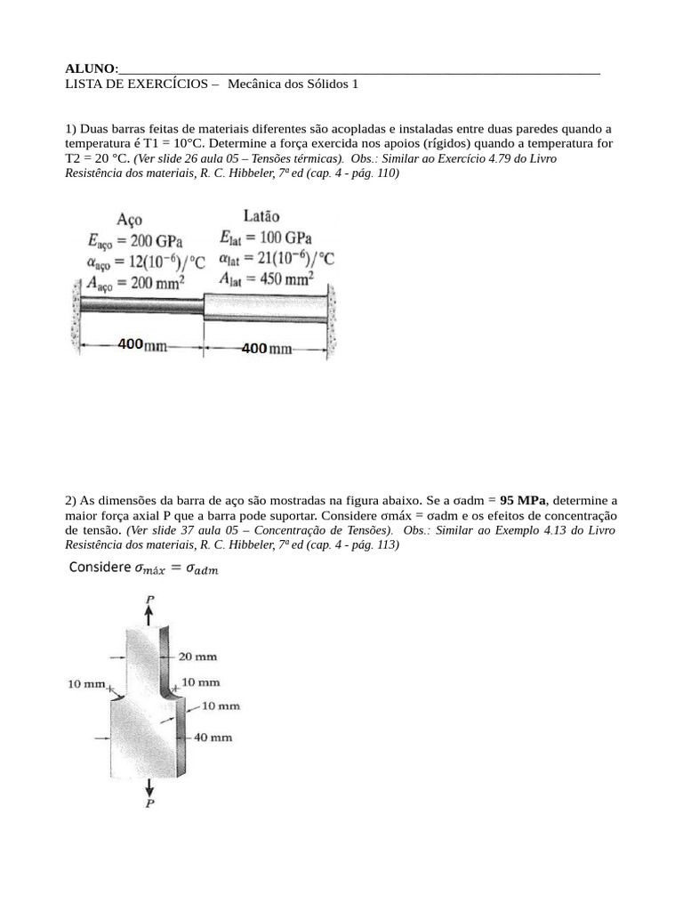 P2 - Lista de Exercícios Mec. Sol I - Conteúdo Prova 2 | PDF | Estresse (Mecânica) | Flexão (Física)