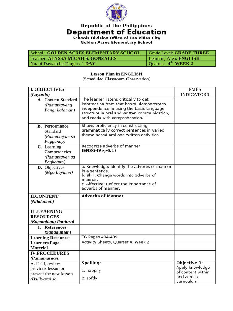 ALYSSA-GONZALES-COT-ENGLISH-3 (Final) | PDF | Learning | Adverb