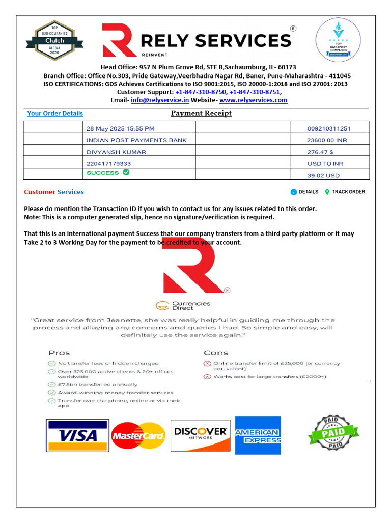 Currencies Direct Payment Receipt | PDF