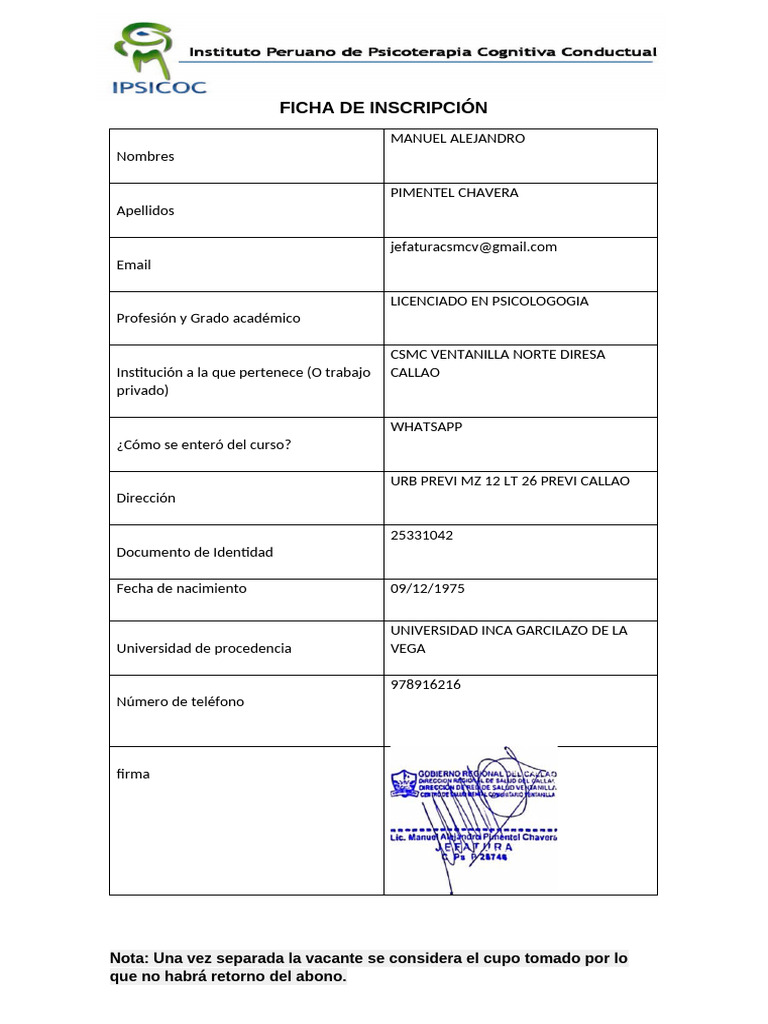 FICHA de INSCRIPCIÓN Alejandro Pimentel Chavera | PDF