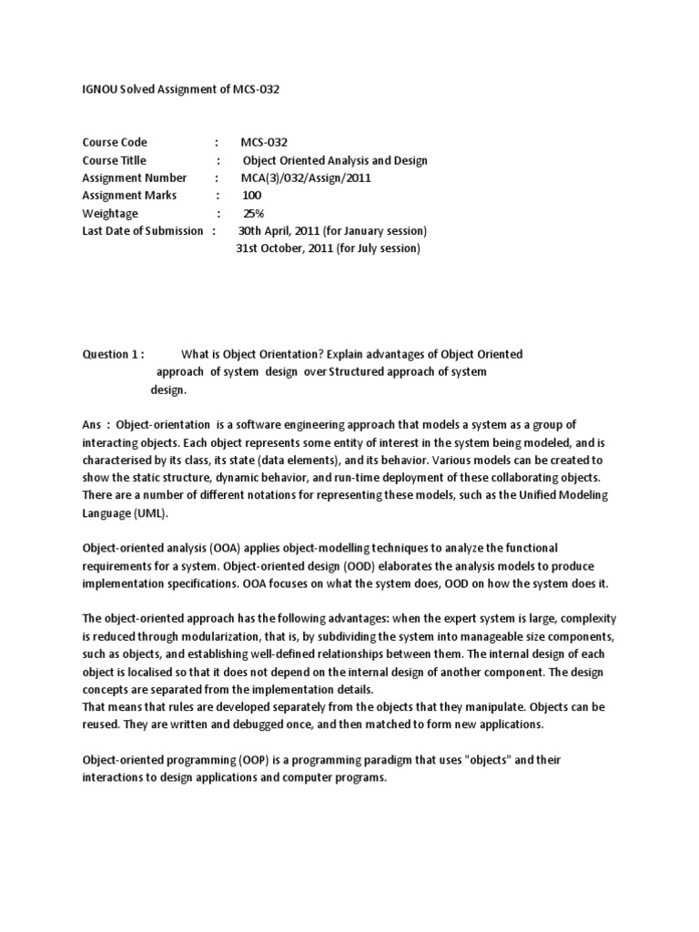 IGNOU Solved Assignment of MCS32 | PDF | Object Oriented Programming ...