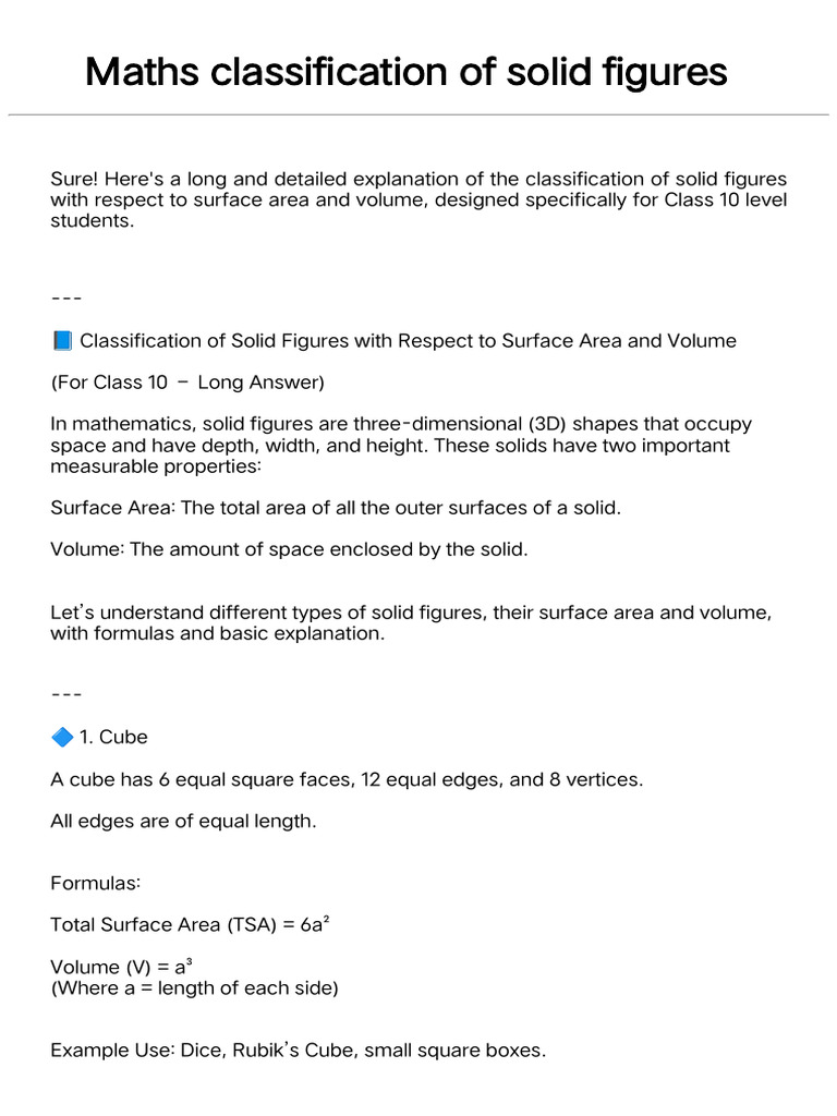 Solid Figures: Surface Area & Volume Guide | PDF | Area | Volume