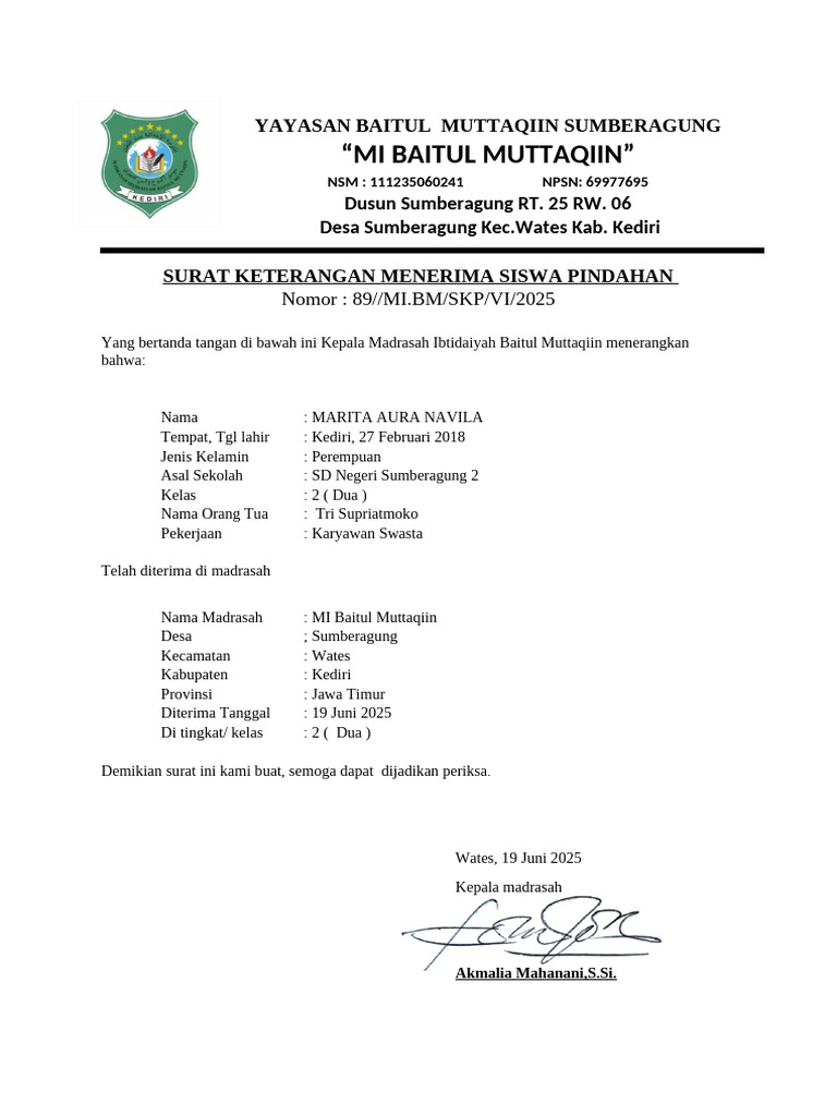 Surat Keterangan Meneria Pindah Marita Aura | PDF